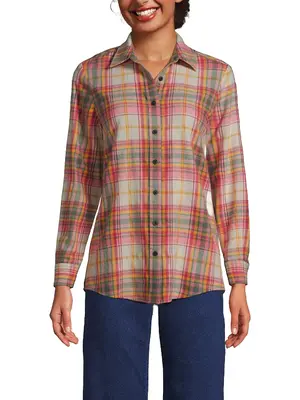 LANDS' END Lands' End Flannel Boyfriend Fit Shirt Lily Pad Green Plaid