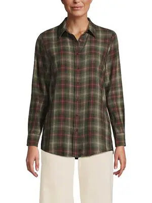 LANDS' END Lands' End Flannel Boyfriend Fit Shirt Sunwashed Olive Multi Plaid