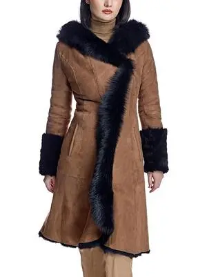 MAXIMILIAN Hooded Shearling Coat - Cognac/black