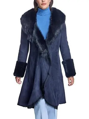 MAXIMILIAN Hooded Shearling Coat - Navy/black