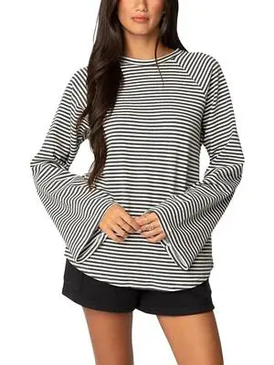 EDIKTED Stripey Oversized Bell Sleeve Top - Gray Melange