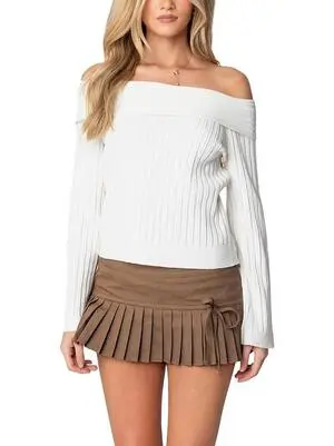 EDIKTED Brandy Fold Over Ribbed Sweater - White