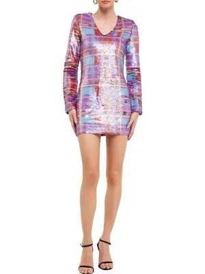 ENDLESS ROSE Endless Rose Check Pattern Sequin Long Sleeve Dress