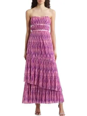 HUTCH Hutch Print Plissé Layered Ruffle Strapless Gown