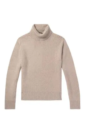 Zegna Leather-trimmed Ribbed Cashmere Rollneck Sweater - Neutrals