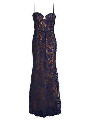 Marchesa Satin-trimmed Guipure Lace And Tulle Gown - Navy