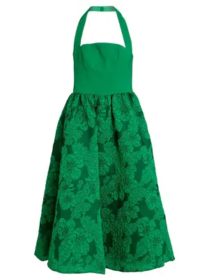 Marchesa Cloqué And Crepe Halterneck Midi Dress - Green