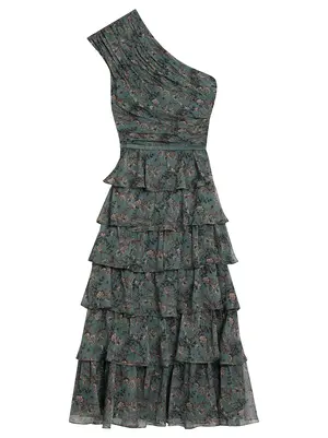 MIKAEL AGHAL One-shoulder Ruffled Floral-print Georgette Midi Dress - Grey Green