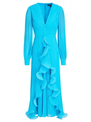 Badgley Mischka Ruffled Pleated Georgette Midi Dress - Turquoise
