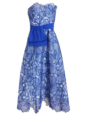 Marchesa Strapless Embroidered Tulle Midi Dress - Royal Blue