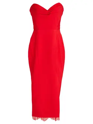 Marchesa Strapless Lace-trimmed Pleated Crepe Midi Dress - Red
