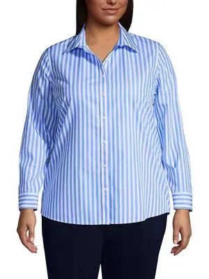 LANDS' END No Iron Supima Cotton Long Sleeve Shirt - Chicory Blue Stripe