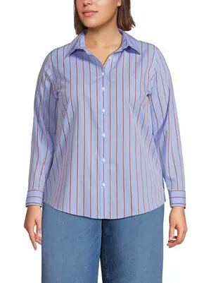 LANDS' END No Iron Supima Cotton Long Sleeve Shirt - Light Sea Blue Rail Stripe