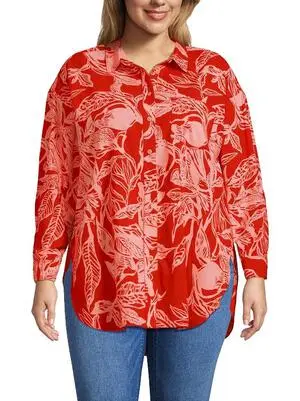 LANDS' END Cotton Voile Billowy Oversized Shirt - Mandarin Orange Etched Leaves