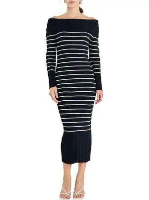 Endless Rose Stripe Off-the-shoulder Sweater Dress - Black Striped