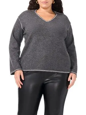 Vince Camuto Tipped V-Neck Sweater Med Hthrgrey
