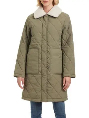Sanctuary Water Resistant Quilted Coat With Faux Shearling Collar - Sage