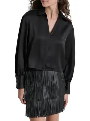 Dkny Satin Long Sleeve Top - Black