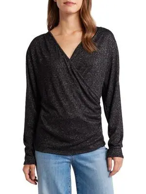 Loveappella Loveappella Long Sleeve Faux Wrap Top Black