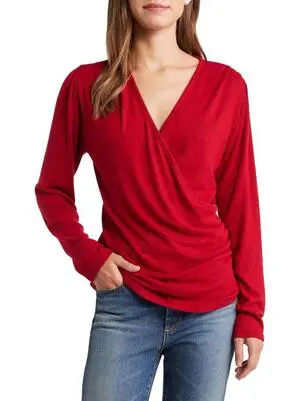 Loveappella Loveappella Long Sleeve Faux Wrap Top Red