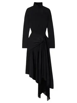 Adam Lippes Asymmetric Draped Fringed Stretch-knit Midi Dress - Black