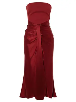 Staud Wayfaring Strapless Gathered Satin And Ponte Midi Dress - Red