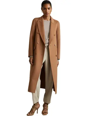 REISS Wool-Blend Double-Breasted Blindseam Coat Toffee