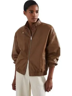 REISS Dru Atelier Leather Bomber Jacket - Tan