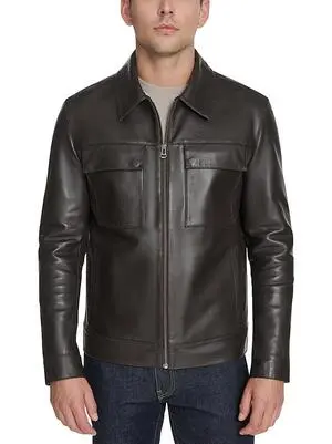 Cole Haan Zip Front Leather Jacket - Dark Brown