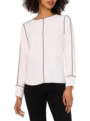 Vince Camuto Piped Long Sleeve Crêpe De Chine Top - New Ivory