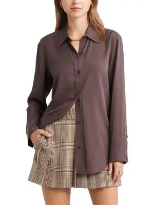 OPEN EDIT Relaxed Fit Long Sleeve Button-up Shirt - Brown Seal