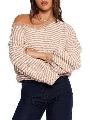 PETAL & PUP Becca Stripe One-shoulder Sweater - Tan