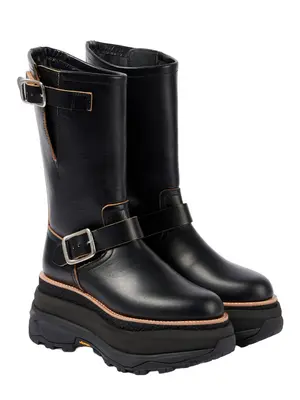 Sacai Leather Platform Biker Boots - Black
