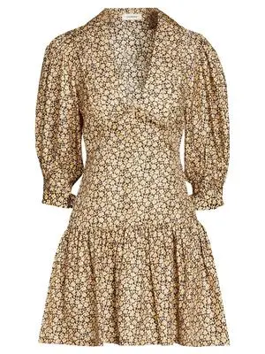 Sandro Gathered Floral-print Silk-twill Mini Dress - Beige