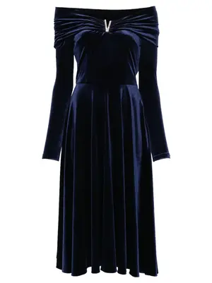 NISSA Off-shoulder Velvet Midi Dress - Blue