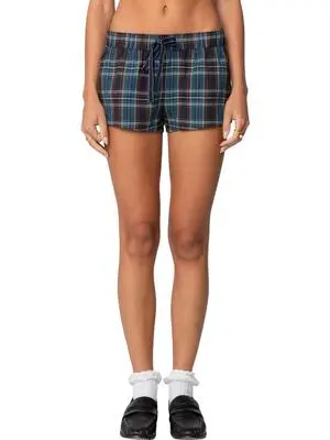 EDIKTED Cabin Plaid Cotton Blend Shorts - Green