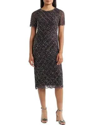 Pisarro Nights Beaded Midi Cocktail Dress - Eggplant