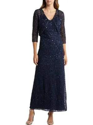 Pisarro Nights Beaded Sequin Gown With Bolero - Navy