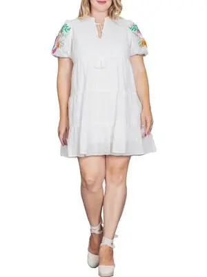STANDARDS & PRACTICES Embroidered Sleeve Cotton Eyelet Dress - White