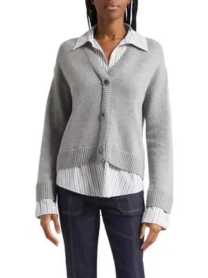Cinq À Sept Megan Mixed Media Pullover Sweater - Heather Grey/blue Stripe