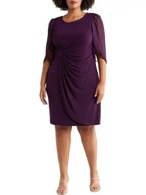 CONNECTED APPAREL Chiffon Sleeve Faux Wrap Dress - Aubergine
