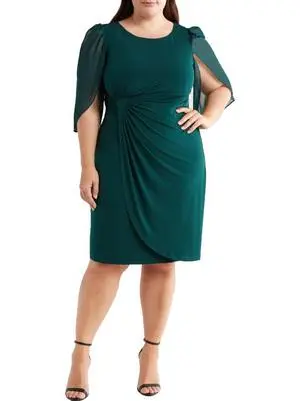 CONNECTED APPAREL Connected Apparel Chiffon Sleeve Faux Wrap Dress Hunter