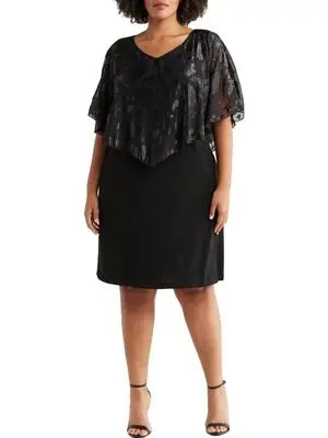 CONNECTED APPAREL Floral Jacquard Cape Overlay Cocktail Dress - Black