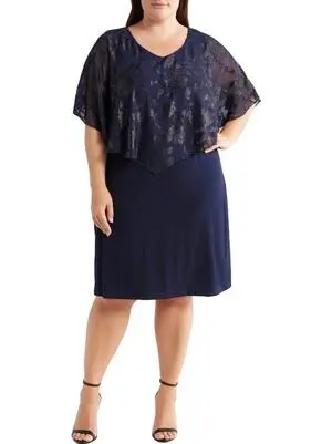 CONNECTED APPAREL Floral Jacquard Cape Overlay Cocktail Dress - Midnight