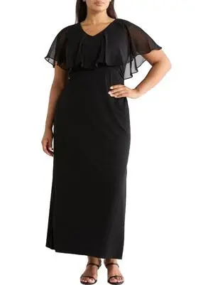 CONNECTED APPAREL Chiffon Flutter Sleeve Gown - Black