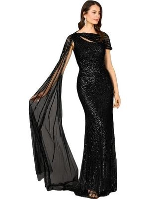 LARA NEW YORK LARA New York One Shoulder Metallic Gown With Cape Effect Black