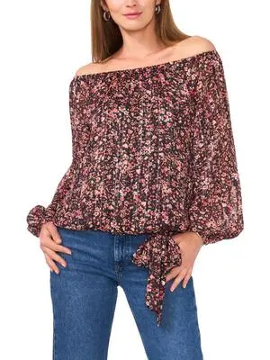 Vince Camuto Floral Metallic Stripe Top - Rich Black