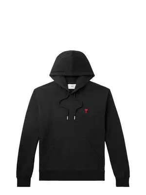 AMI Paris Logo-embroidered Cotton-jersey Hoodie - Black