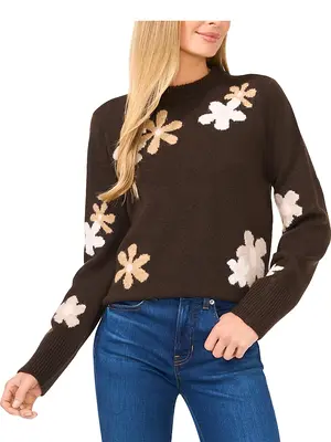 CECE DUPRAZ CeCe Floral Knit Pullover Sweater Chocolate
