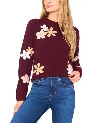 CECE DUPRAZ CeCe Floral Knit Pullover Sweater Wine